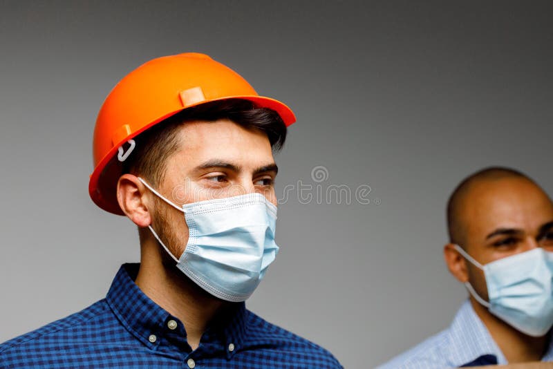 Construction Worker with Protective Mask Portrait on Grey Background ...