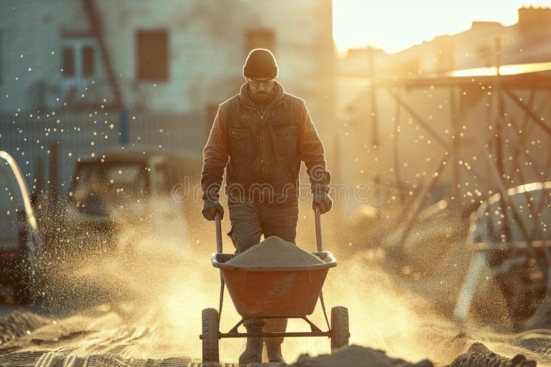Construction Worker Pulling a Wheelbarrow, Craftsman Pushing a ...