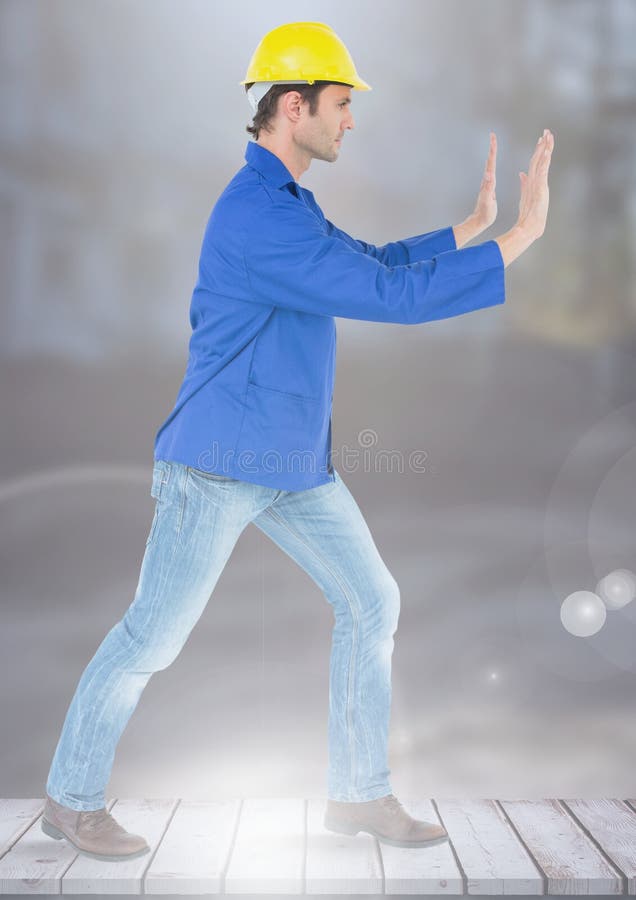 3D Construction Worker Pushing Something Stock Illustration ...
