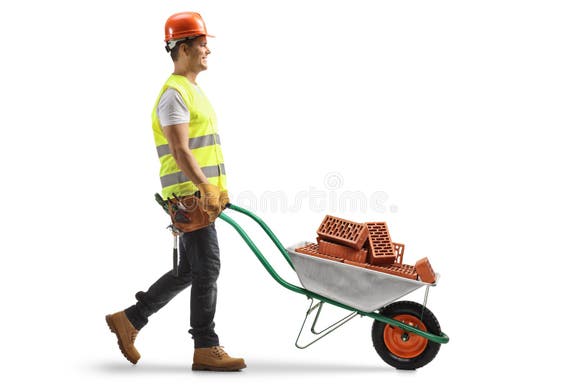 Construction Worker Pushing a Wheelbarrow with Bricks Stock Image ...