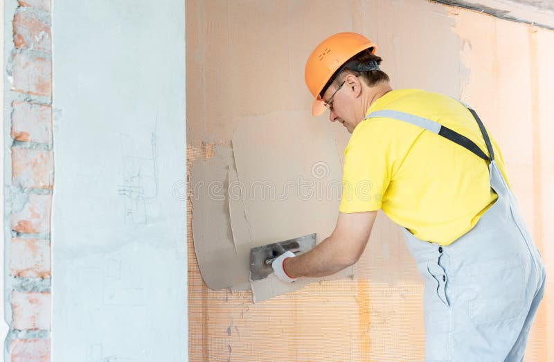 The Construction Worker Putty a Wall Stock Photo - Image of plaster ...