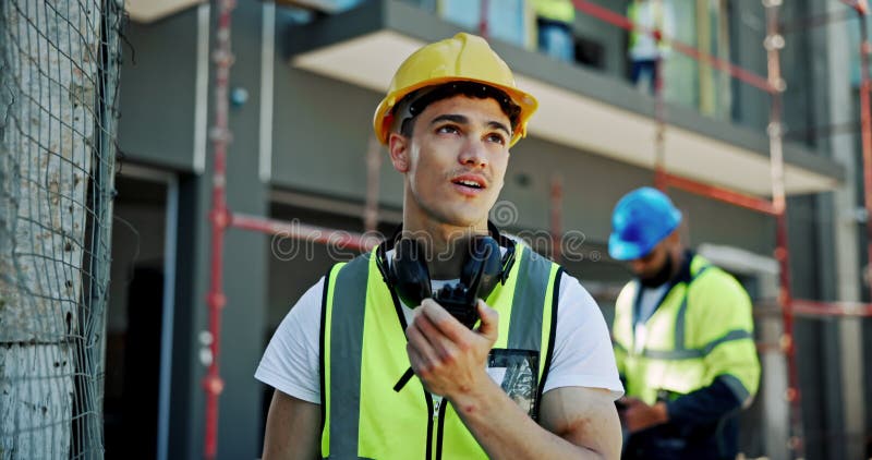 Construction Worker, Radio and Thinking with Engineer Man on Building ...