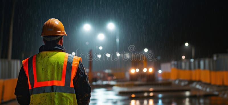 Construction Worker in Rain at Night Observing Site with Heavy ...