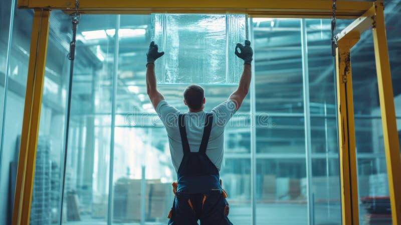 Worker Lifting Glass Panel in Modern Construction Site during Daylight ...