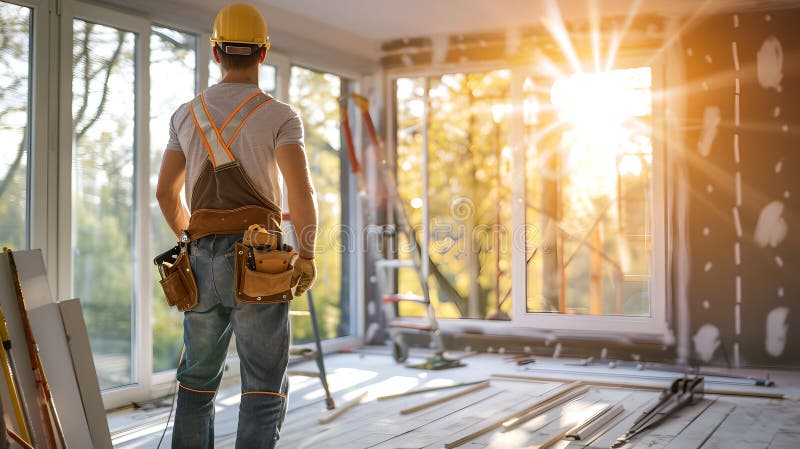 Construction Worker Ready To Work in a Sunny Home Interior. Skilled ...