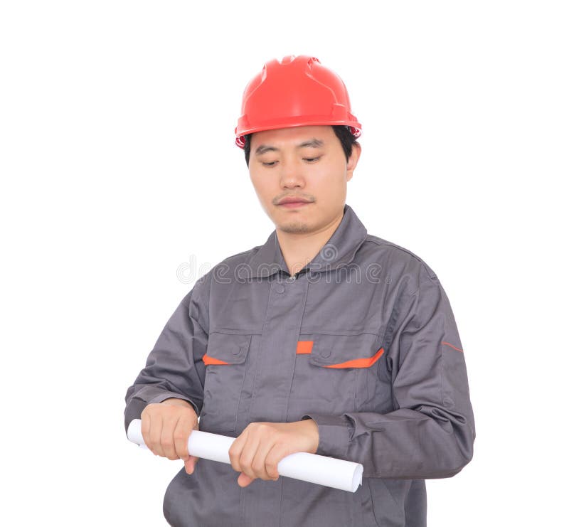 Construction Worker in Red Hard Hat Rolls Up Drawings Stock Photo ...