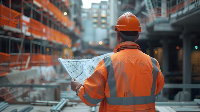 Construction Worker in Reflective Vest Analyzing Blueprint on a ...