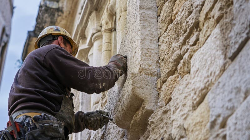 Construction Worker Repairing a Stone Wall Stock Illustration ...