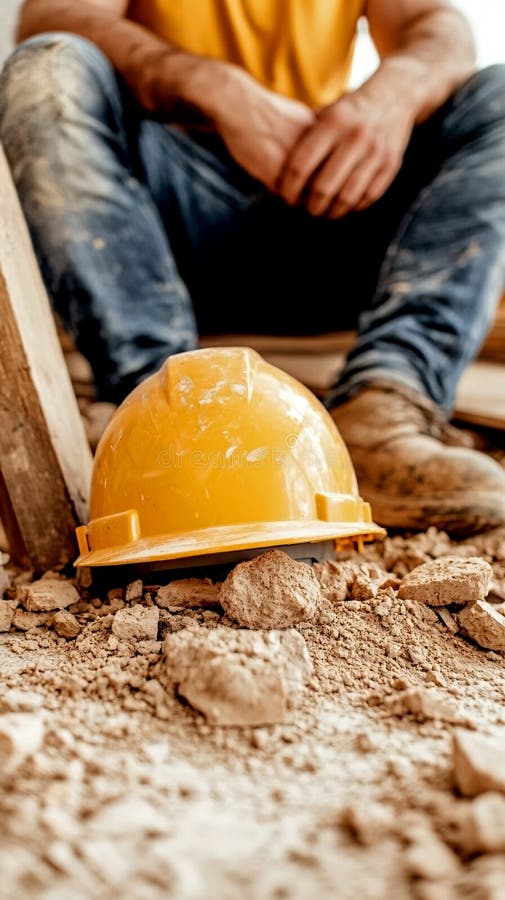 Construction Worker Resting with Yellow Hard Hat Placed on the Ground ...