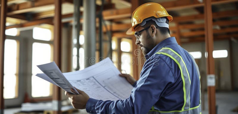 Construction Worker Reviewing Blueprint on Site, Ensuring Building ...