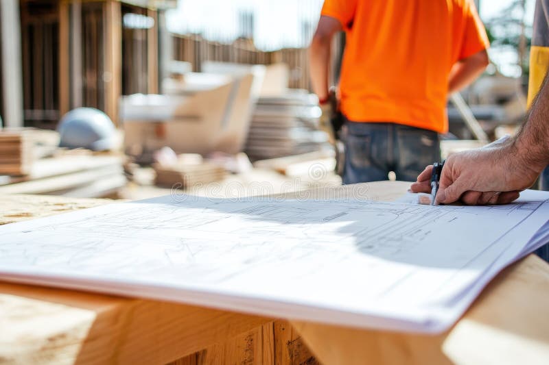 A Construction Worker Reviewing Blueprints at a Building Site Stock ...