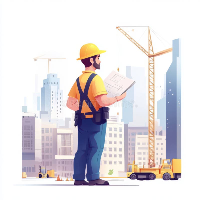 Construction Worker Reviewing Building Plans at Site Stock Illustration ...
