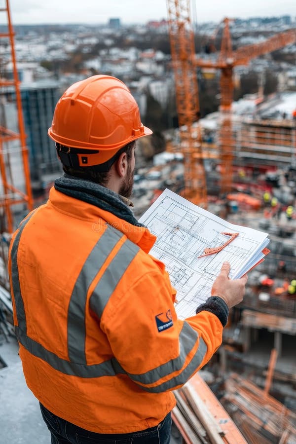 Construction Worker Reviews Blueprints at Busy Construction Site with ...