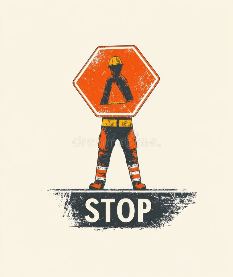 Construction Worker Road Sign with Stop Warning Design Stock Image ...