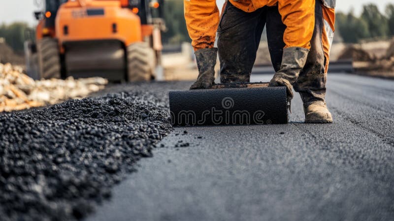 Construction Worker Rolling Out Asphalt on a New Road Stock ...
