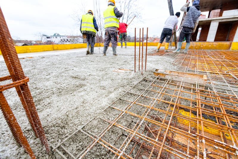 Pouring Fresh Concrete Over Reinforcing Steel, Armature Stock Image ...