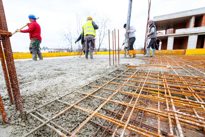 Pouring Fresh Concrete Over Reinforcing Steel, Armature Stock Image ...