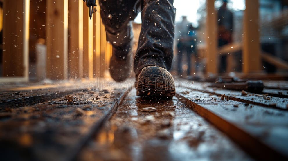 Construction Worker Running through a Muddy Site at Sunset, Capturing ...