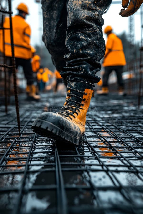Construction Worker S Boots on Rebar Grid, Symbolizing Industrial ...