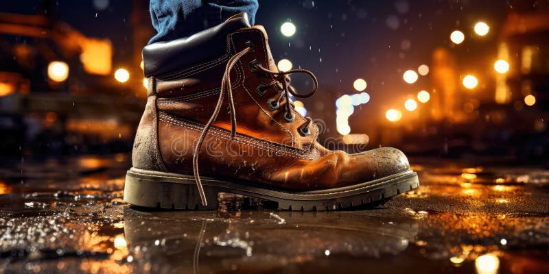 Construction Worker S Boots on Wet Ground with the Construction Site ...
