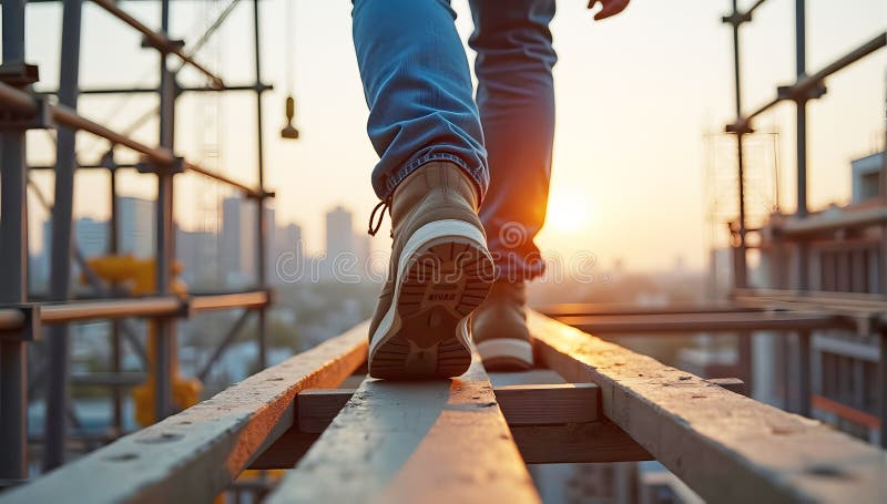 Construction Worker S Feet Walking on Steel Beams at a Construction ...