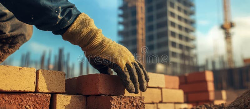 A Construction Worker S Hand Placing a Brick on a Wall Stock ...
