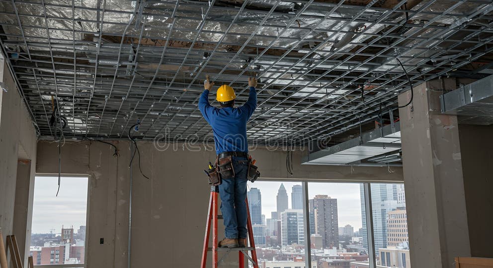 Construction Worker, 30s, Installing Ceiling Grid in High-rise Office ...