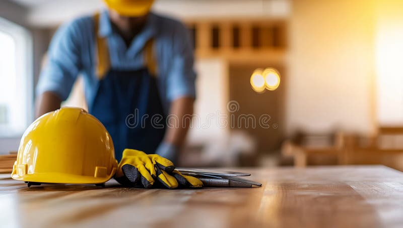 A Construction Worker S Safety Helmet, Gloves, and Tools Rest on a ...