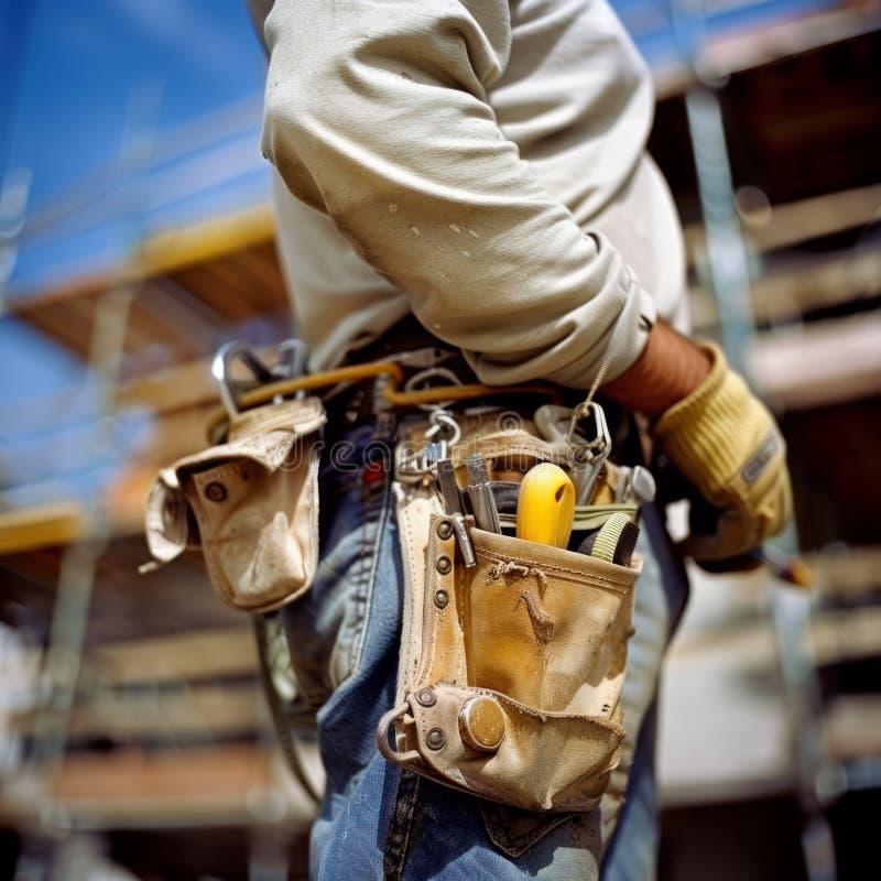 A Construction Worker’s Tool Belt Filled with Various Tools at a ...