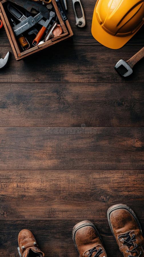 Construction Worker S Tools and Boots on Wooden Floor Stock Photo ...
