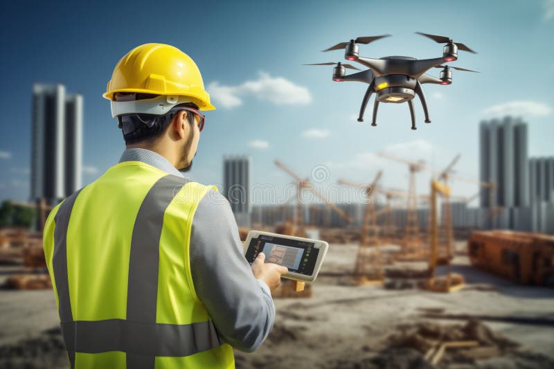 Construction Worker in Safety Attire Operates a Drone Via Tablet Amidst ...