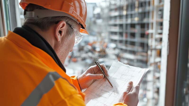 Construction Worker Reviewing Plans while Overseeing Ongoing Building ...
