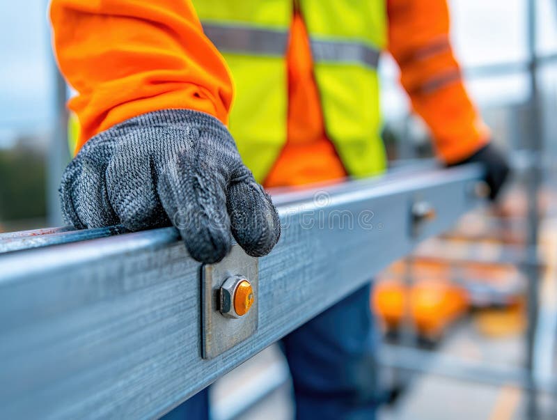 Construction Worker in Safety Gear Fastening a Metal Beam, Ensuring ...