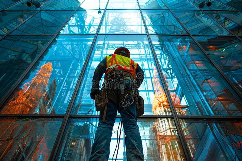 Construction Worker in Safety Gear Inspecting Glass Facade of a Modern ...