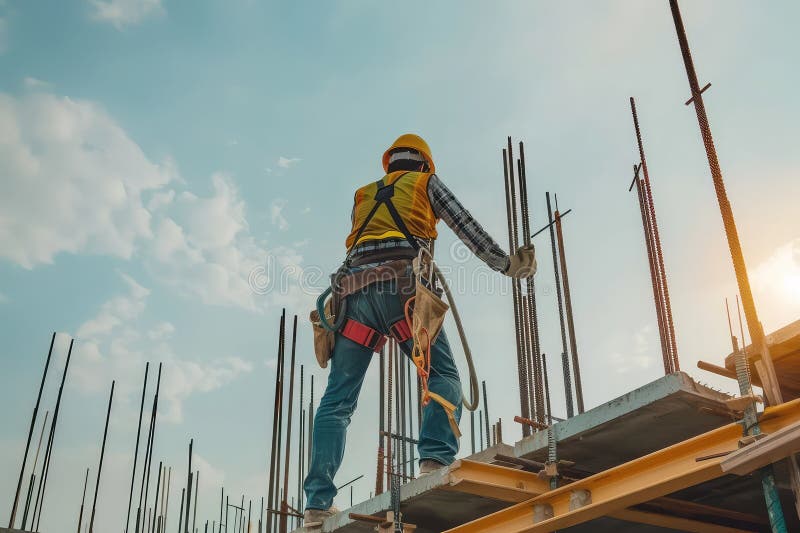 Construction Worker in Safety Gear Installing Roof Tiles with Precision ...