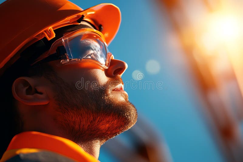 Construction Worker in Safety Gear Looking at the Sun Blue Sky ...