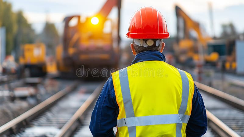 Construction Worker in Safety Gear Observing Railway Work at Sunset ...