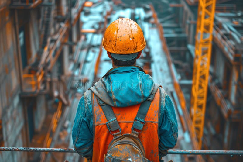 Construction Worker in Safety Gear Overseeing the Site, Back View Stock ...