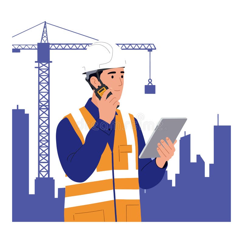 Construction Worker in Safety Gear Using Tablet while Communicating on ...