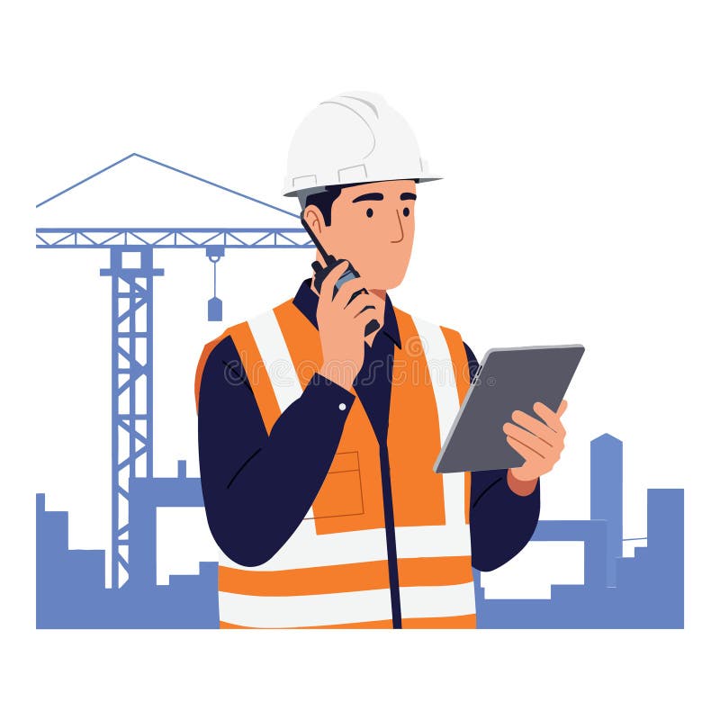 Construction Worker in Safety Gear Using Tablet while on Site, Flat Vector Illustration Stock ...