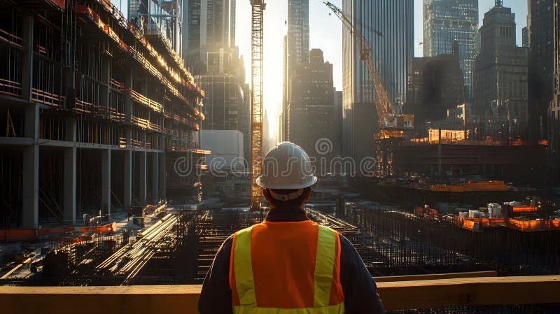 Construction Worker in Safety Gear Watching a Tower Crane on a Building ...