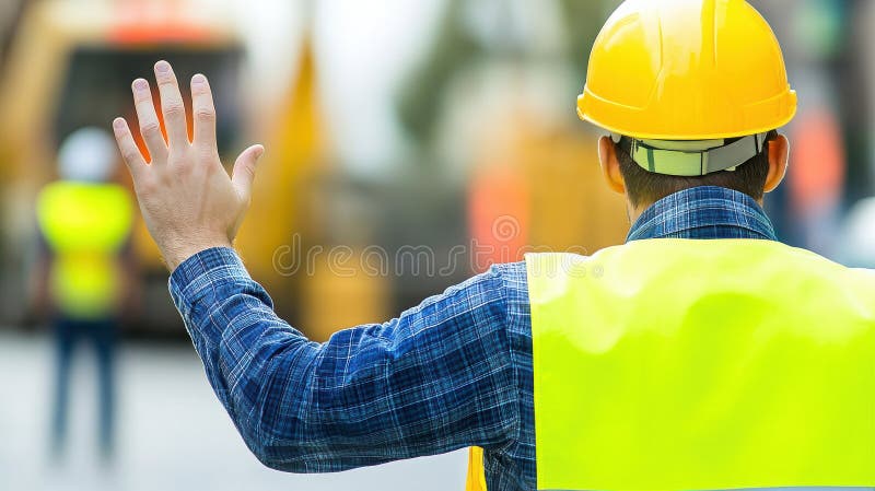 Construction Worker in Safety Gear Waving at Job Site in Daylight Stock ...