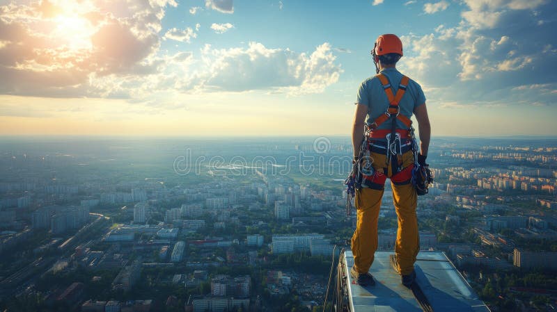 Construction Worker in a Safety Harness and Helmet Stands on the Edge ...