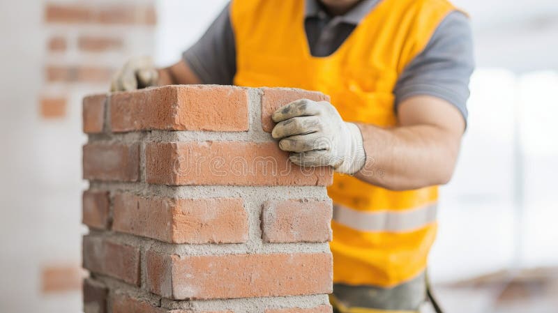 A Construction Worker in a Safety Vest Expertly Stacking Bricks To ...