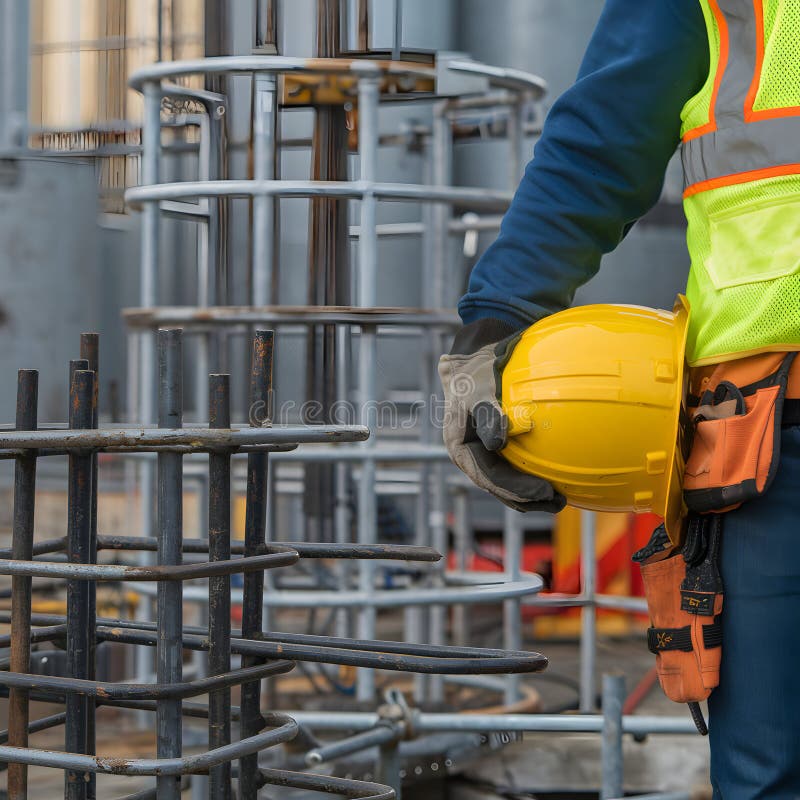Construction Worker with Safety Vest and Hard Hat, Metallic Site ...