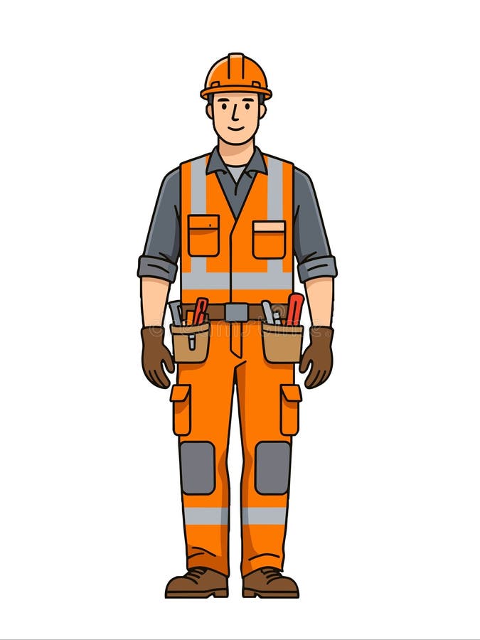 Construction Worker Safety Vest Hardhat Standing Full Body Stock Vector ...