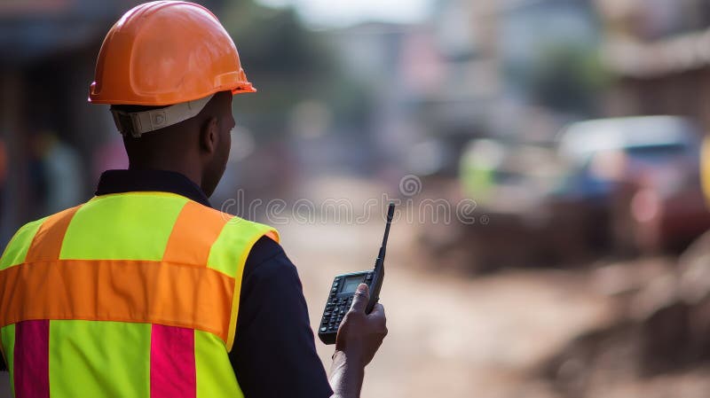 A Construction Worker in a Safety Vest and Helmet Uses a Radio on a ...