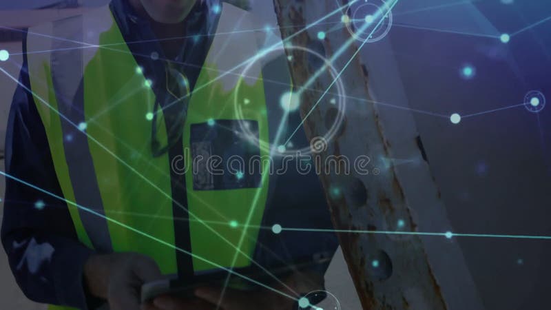 Construction Worker in Safety Vest with Network Connections and Data ...