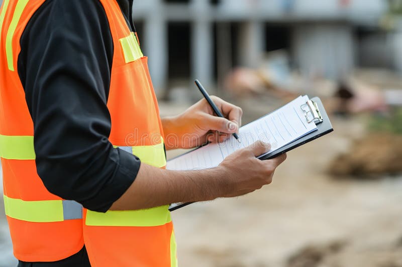 Construction Worker in Safety Vest Writing on Clipboard, Site ...