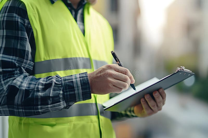Construction Worker in Safety Vest Writing on Clipboard, Site ...